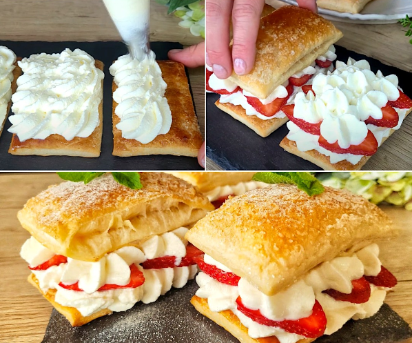 Carrés de pâte feuilletée à la crème et aux fraises : le délicieux ...